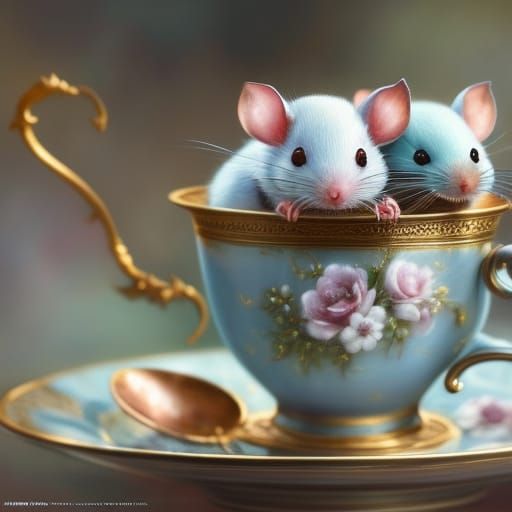 portrait of a cute anthropomorphic rat 🐀 at a tea party, in a teacup ...