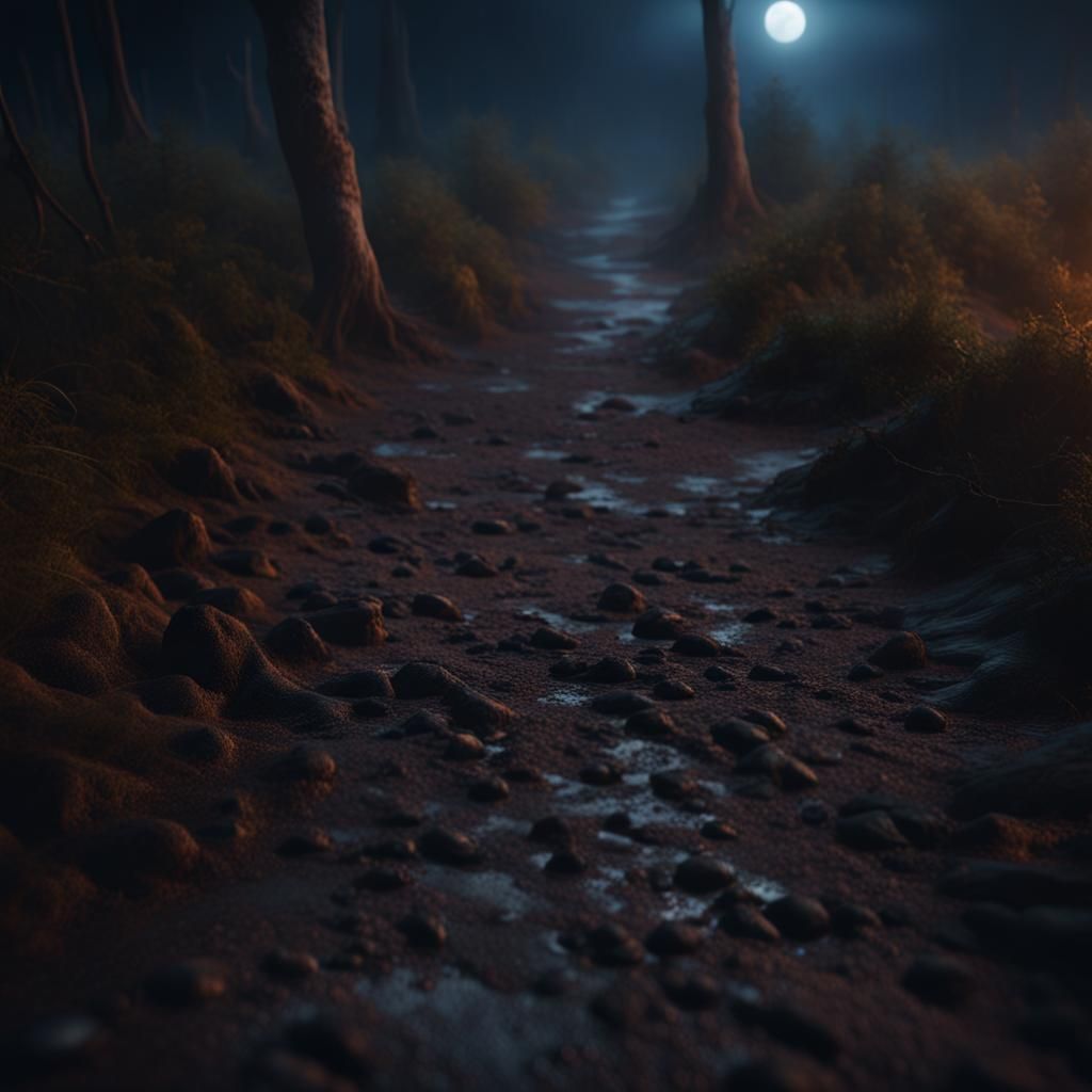 it is dark at night and close up on two human footsteps on the ground ...