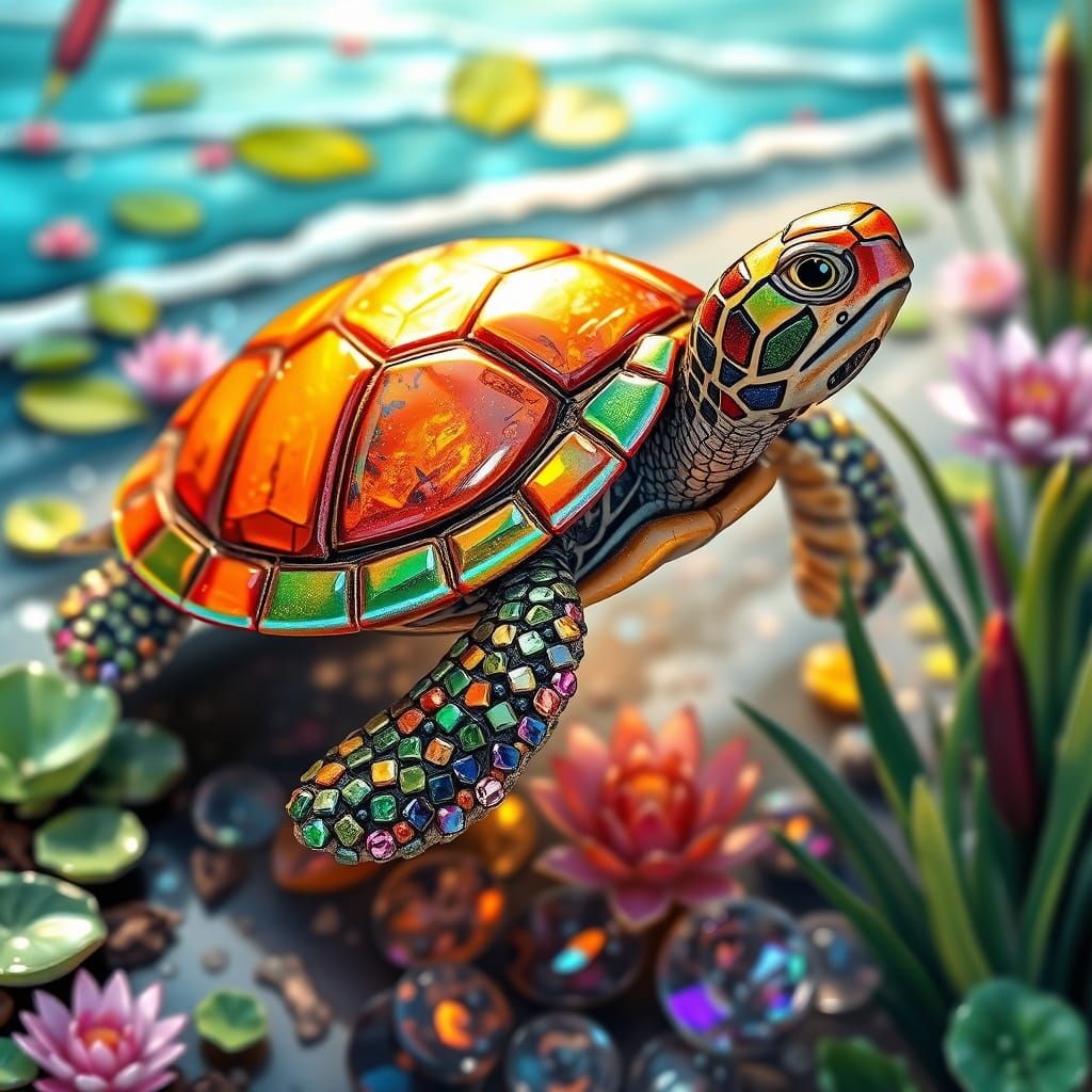 Iridescent Turtle in Cubist Mosaic of Glass Beads - AI Art