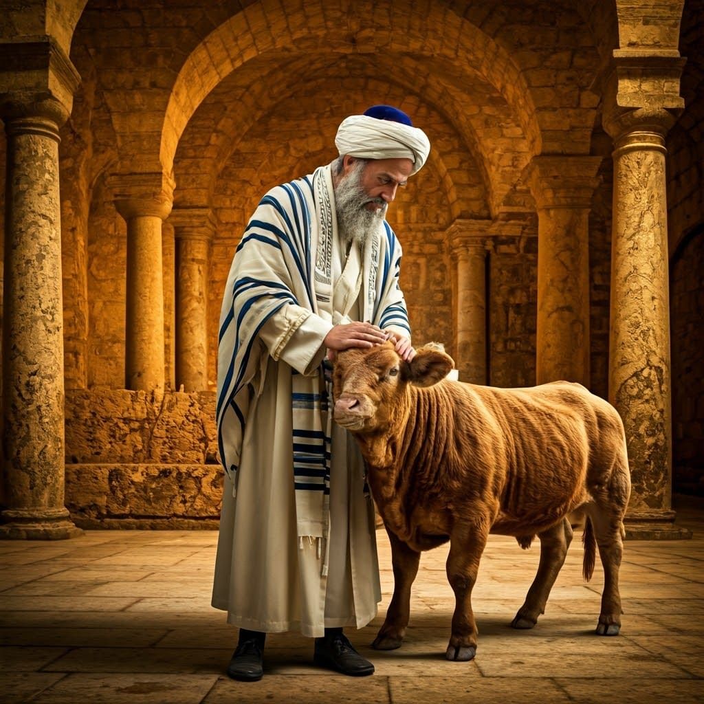 Jewish Priest in Ancient Temple with Brown Cow and... - AI Art
