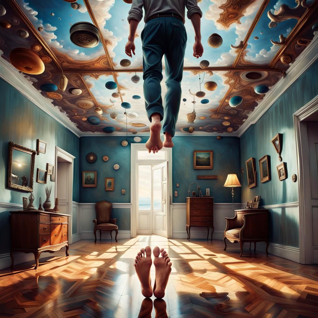 A man walks feets on the ceiling. Floating objects Everything is upside ...