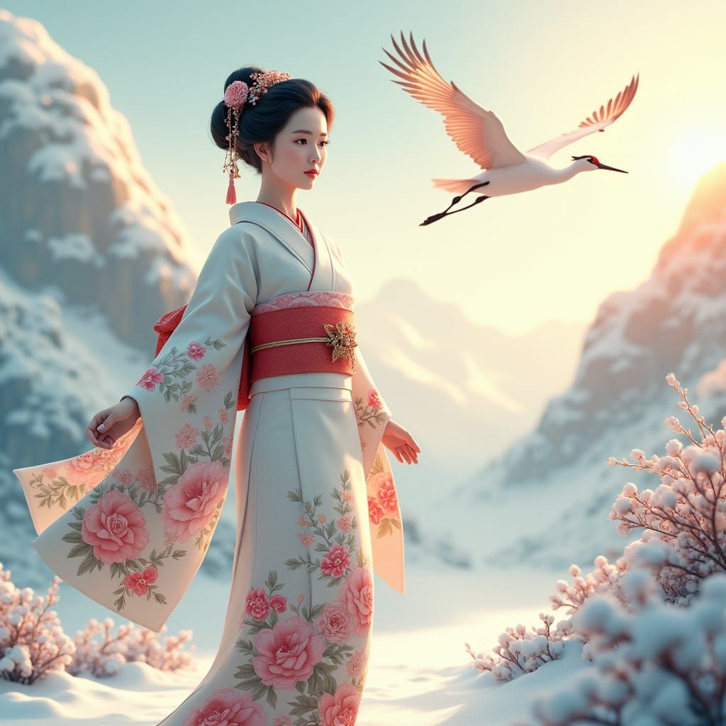 beautiful Japanese geisha wearing a white winter kimono decorated with ...