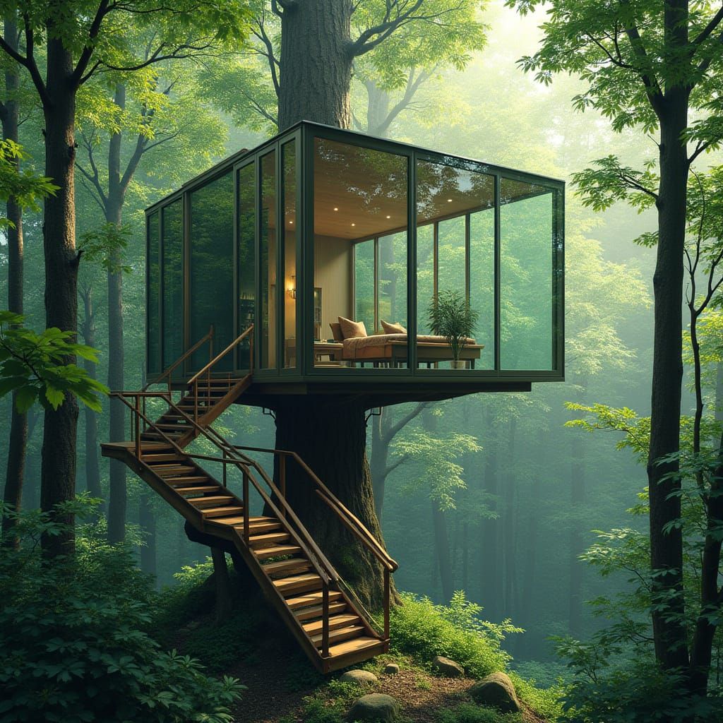 Luxurious Glass Cube Treehouse Amidst Whimsical Fo... - AI Art
