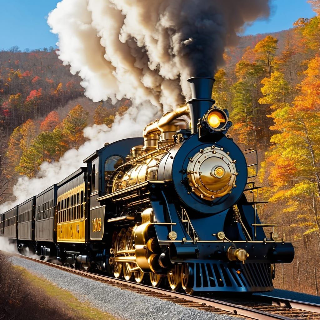 Steampunk 1930 steam engine train with black and gold colors.