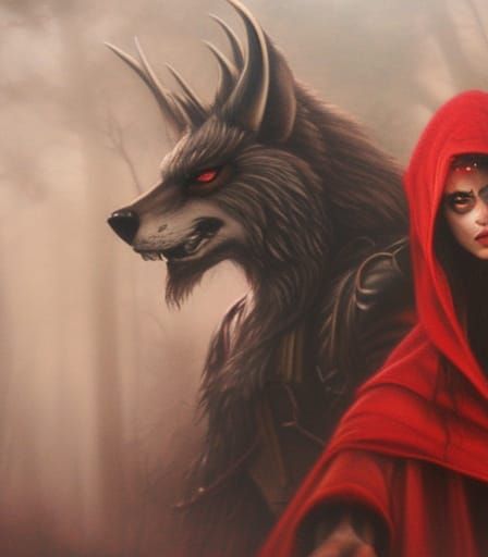 big bad Wolf stopping Red Riding Hood, hyperdetailed concept, fantasy ...
