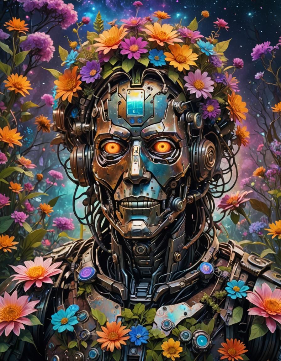(aesthetic artwork of a old beautiful cyborg made of intricately ...