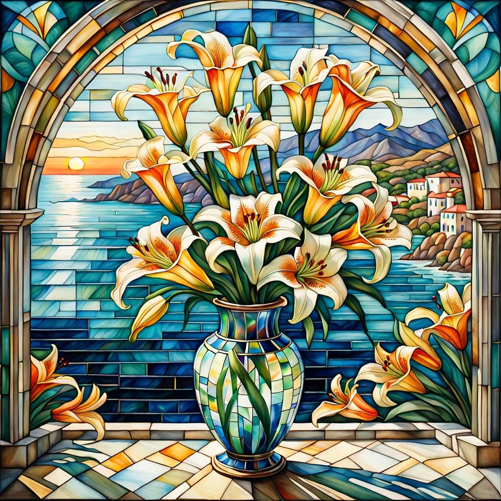 Stained Glass Vase of Lilies - AI Generated Artwork - NightCafe Creator