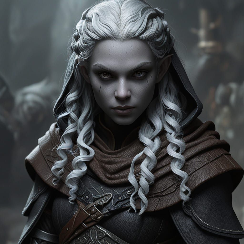 A female grey skinned daergar dwarf