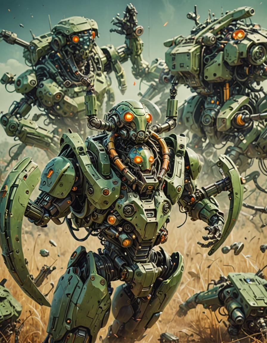 alien in a bio organic mechanoid suit floating on a battle field - AI ...