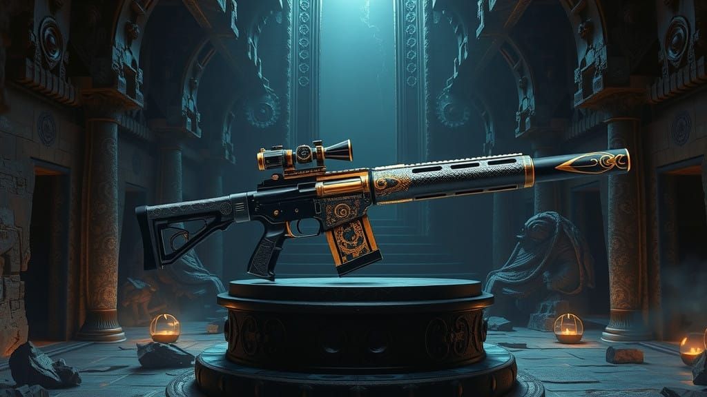 Majestic Holy Rifle in Ancient Futuristic Ruins - AI Art