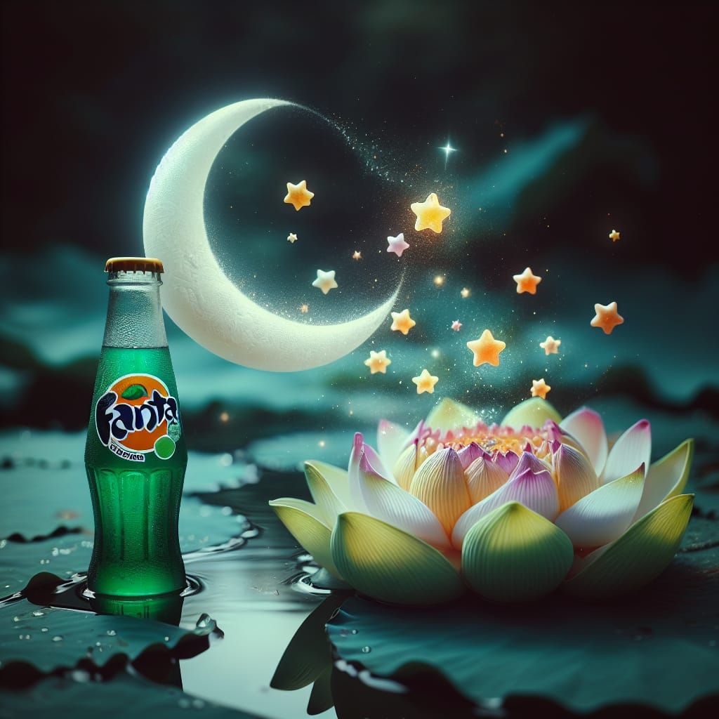 A Fanta and yellowing green lotus flower with crescent moons and stars ...