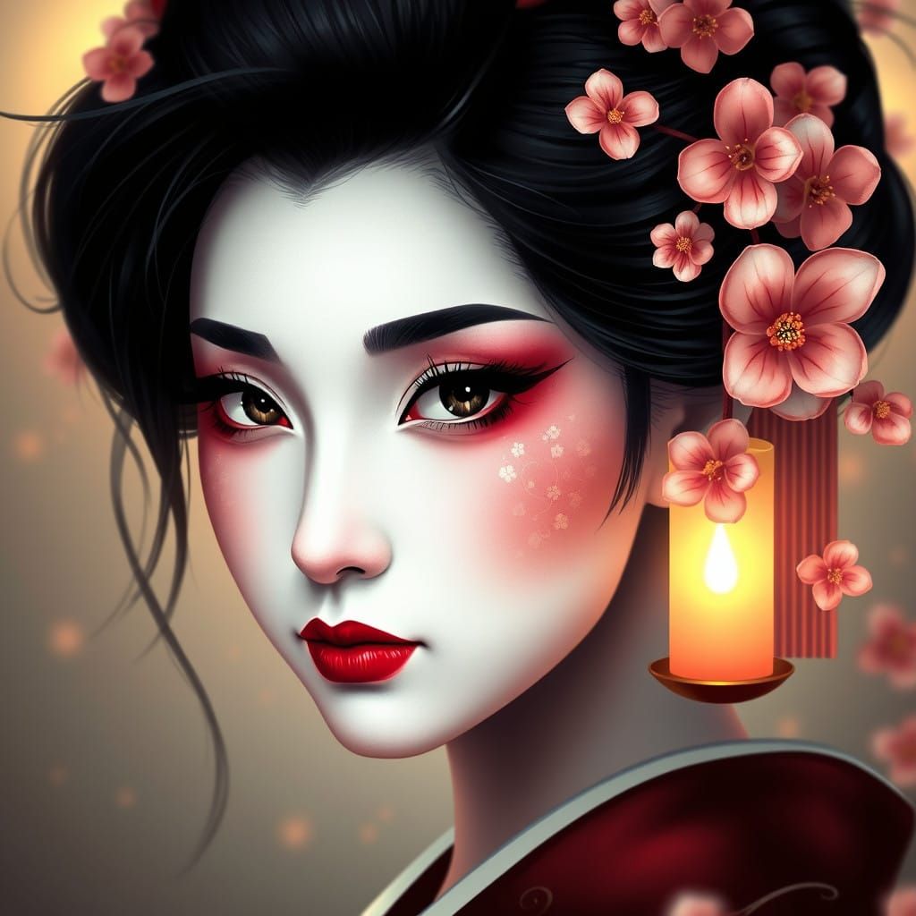 a beautiful geisha girls face painted beautiful and traditional , close ...