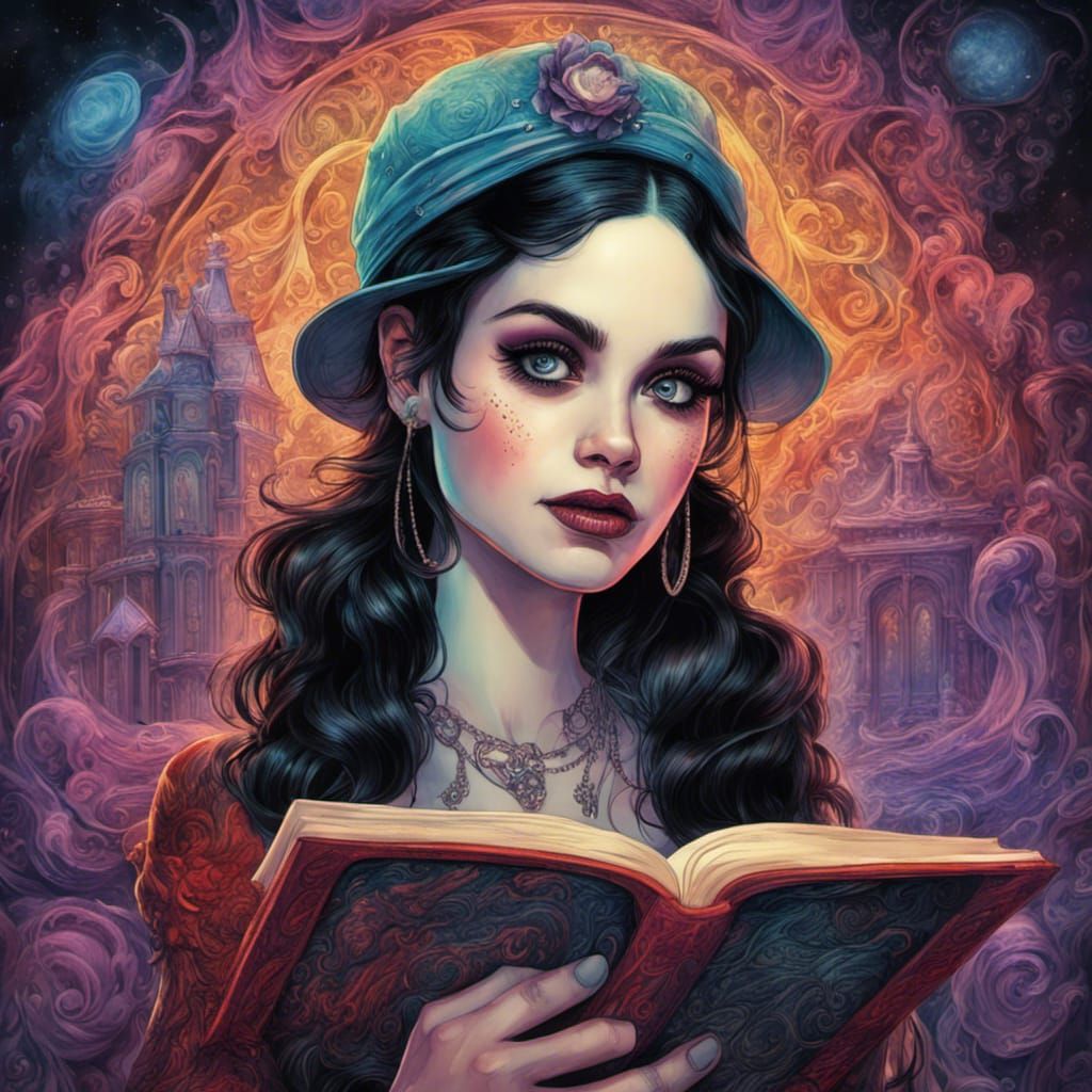 an ink illustration of "lydia deetz" reading a book and wearing her hat ...