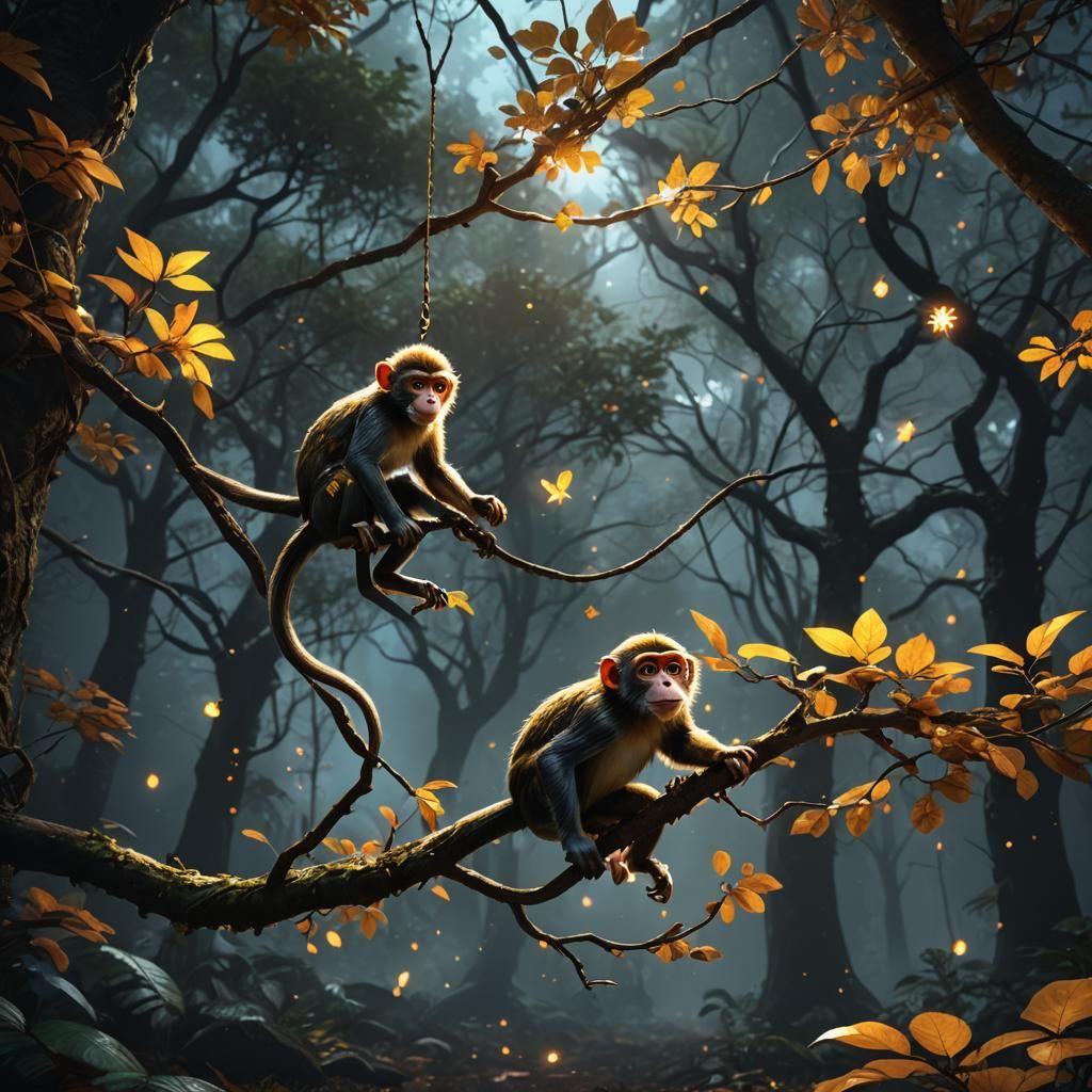 Clear monkey wide angle shot with glowing little monkey hanging from a ...