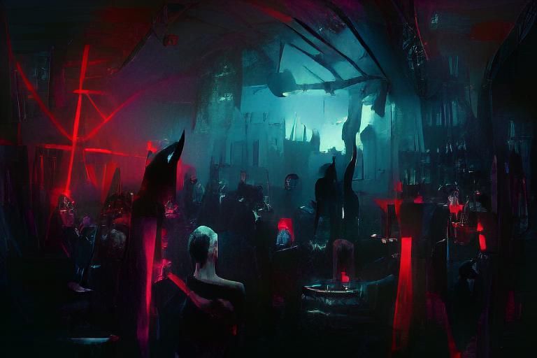 a goth vampire nightclub, steel pillars, dark atmospheric interior ...