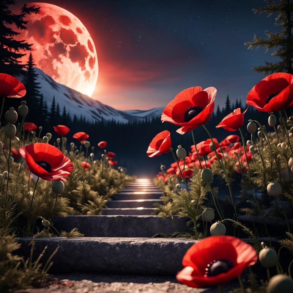 canadian military poppy on the forst step of a staires. The view of the ...