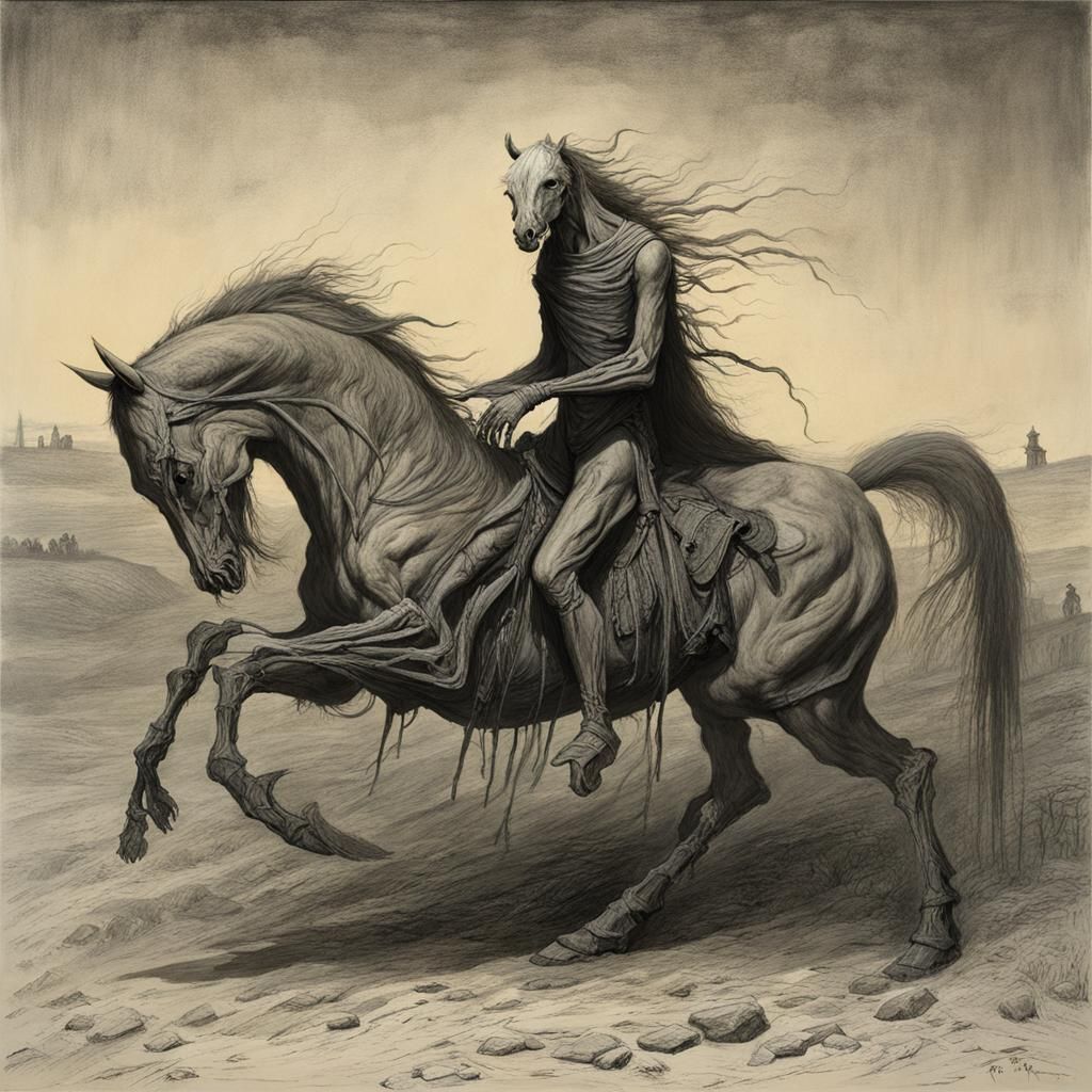 undead skinless horse and rider , fusion of horse and rider, bare ...