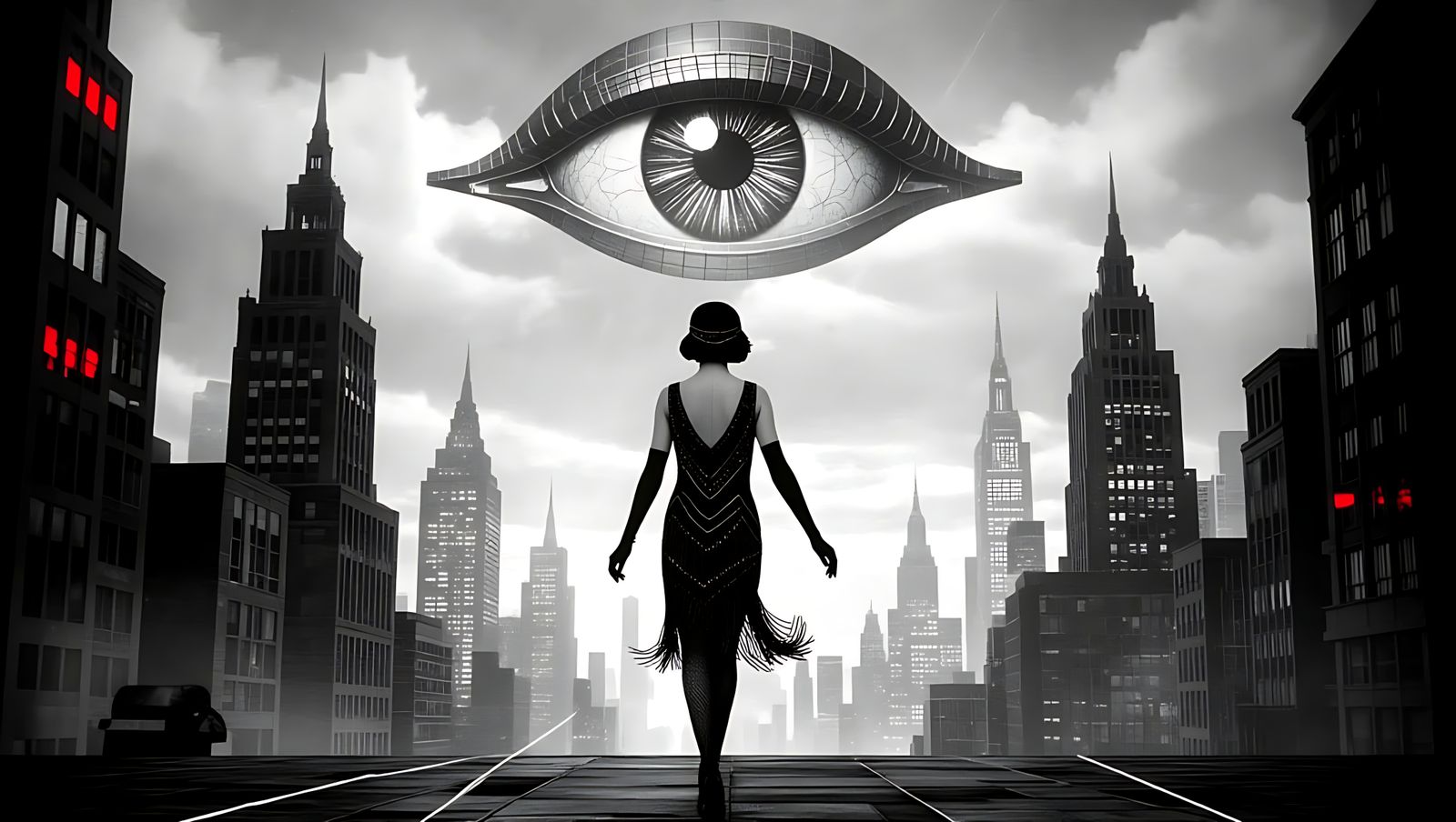 ‘Retro-futuristic art deco flapper girl walking through a dystopian ...