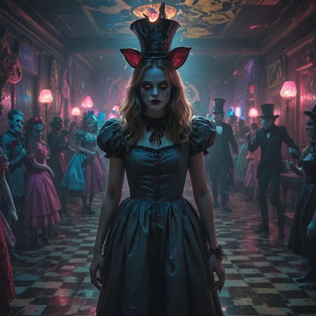 Alice in wonderland themed disco party. Glowing, neon, scary ...