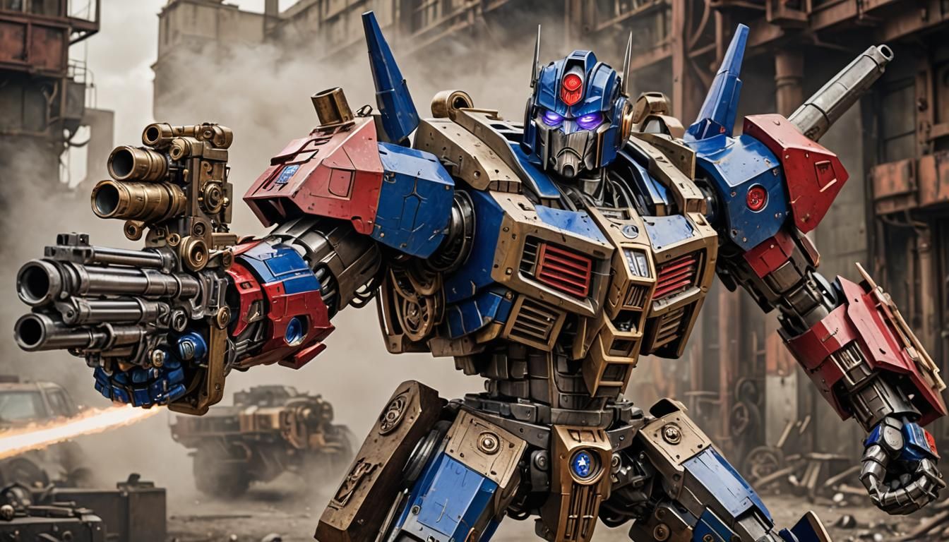 steampunk autobot optimus prime aiming his gun - AI Generated Artwork ...