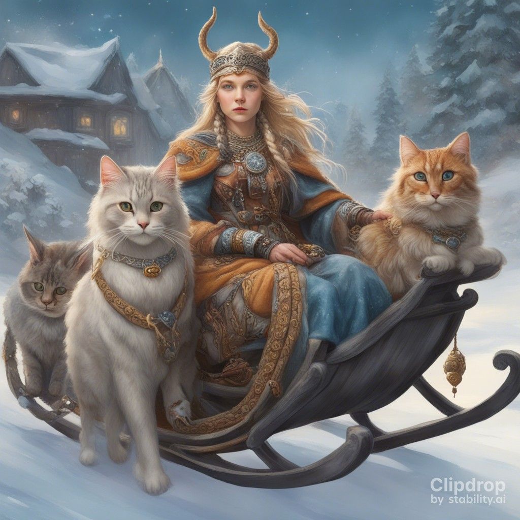 Sitting Freya with Three Cats - AI Generated Artwork - NightCafe Creator