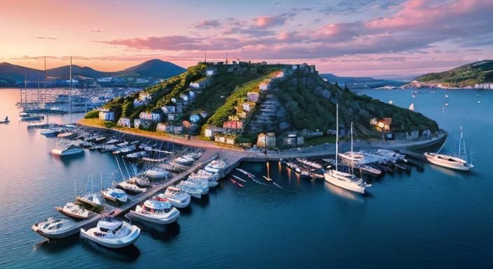 Drone view of a fantasy harbour full of boats. Beautiful landscape ...