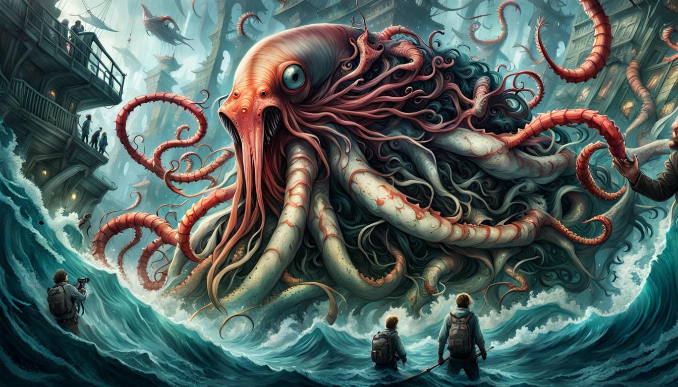 Giant squid attacks man . A breathtaking masterpiece fantasycore artwork by Android Jones, Jean ...