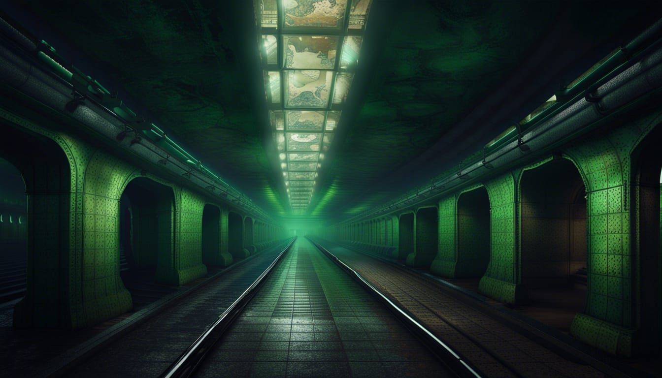 Liminal spaces in a abandoned subway station. the station is sparsely ...