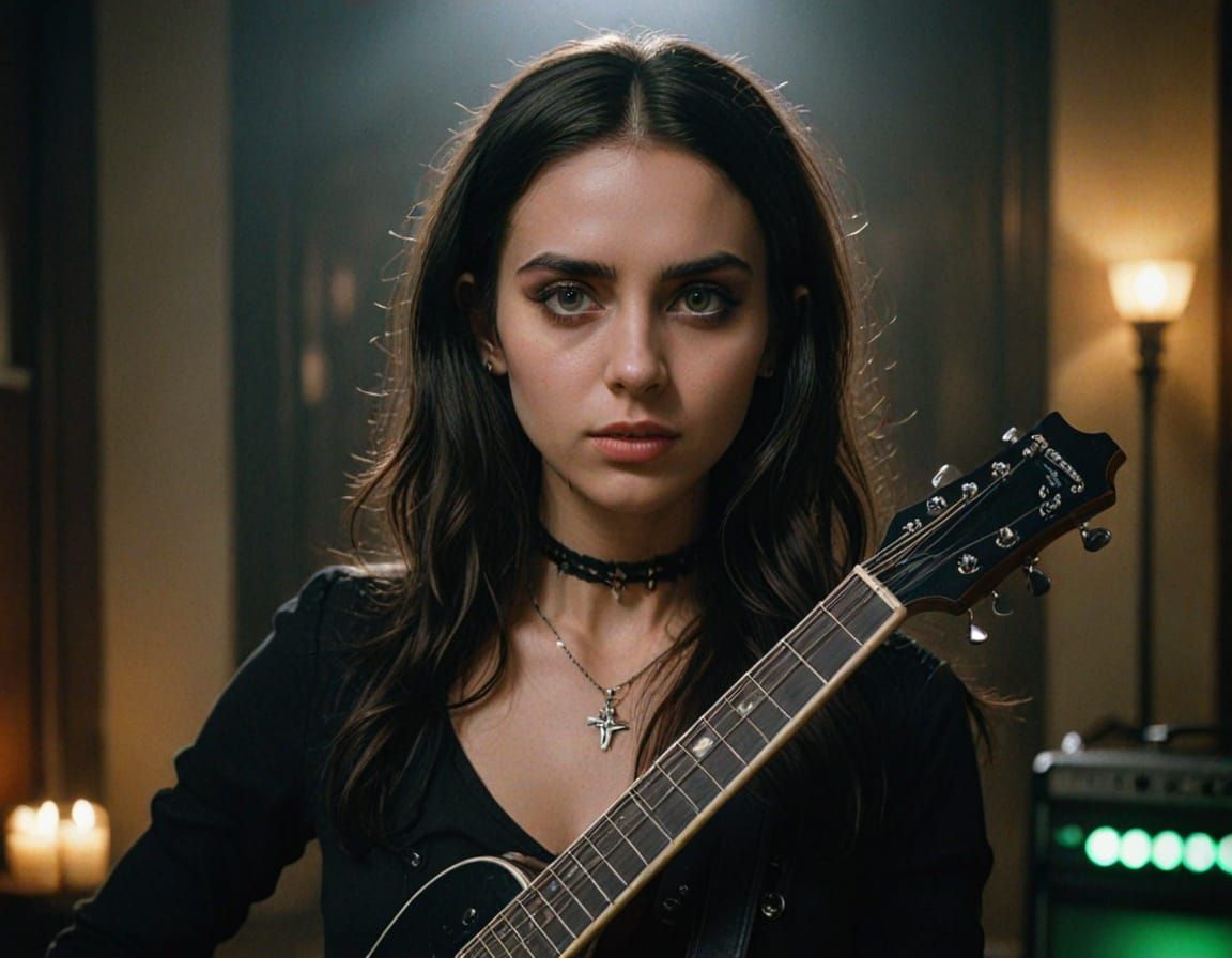 Young female with long dark brown hair, dark hairy eyebrows, bright ...