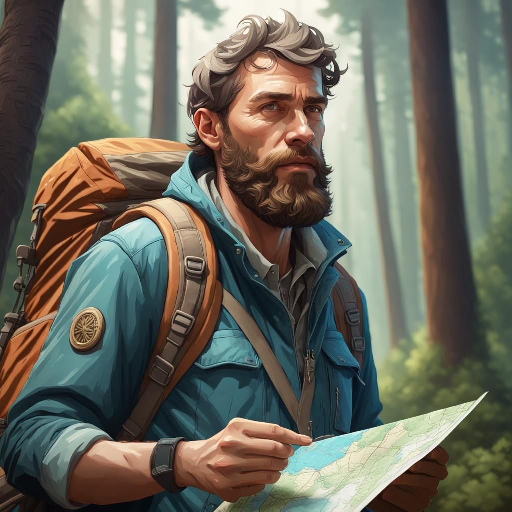 Portrait of Explorer with backpack and map in the hands, Male with ...
