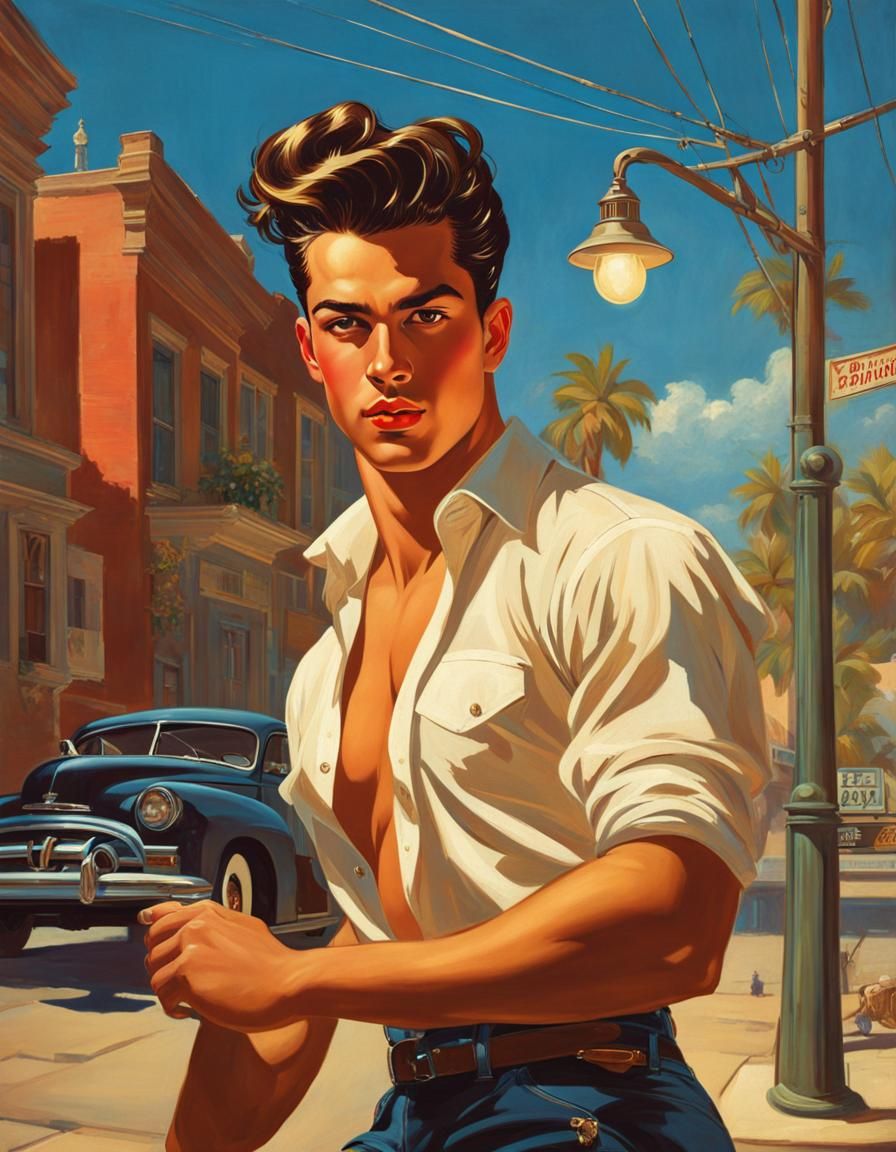 pin-up art poster in the style of of gil elvgren; handsome young gay ...