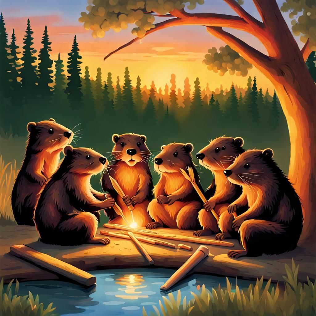 As the sun sets over the beaver village, a group of young beavers ...