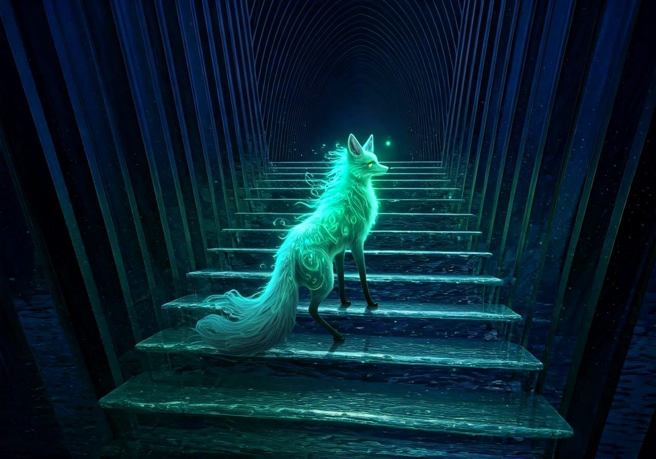 An otherworldly fox with elongated limbs and spiraling fur stands on a ...