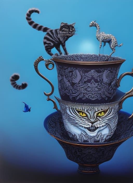 fluffy evil grinning zombie Cheshire cat sitting in a blue and white ...