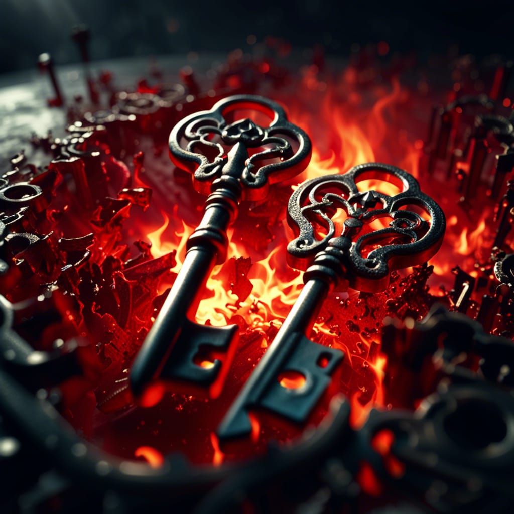 "photorealistic final render of keys to hell with devil signs ...