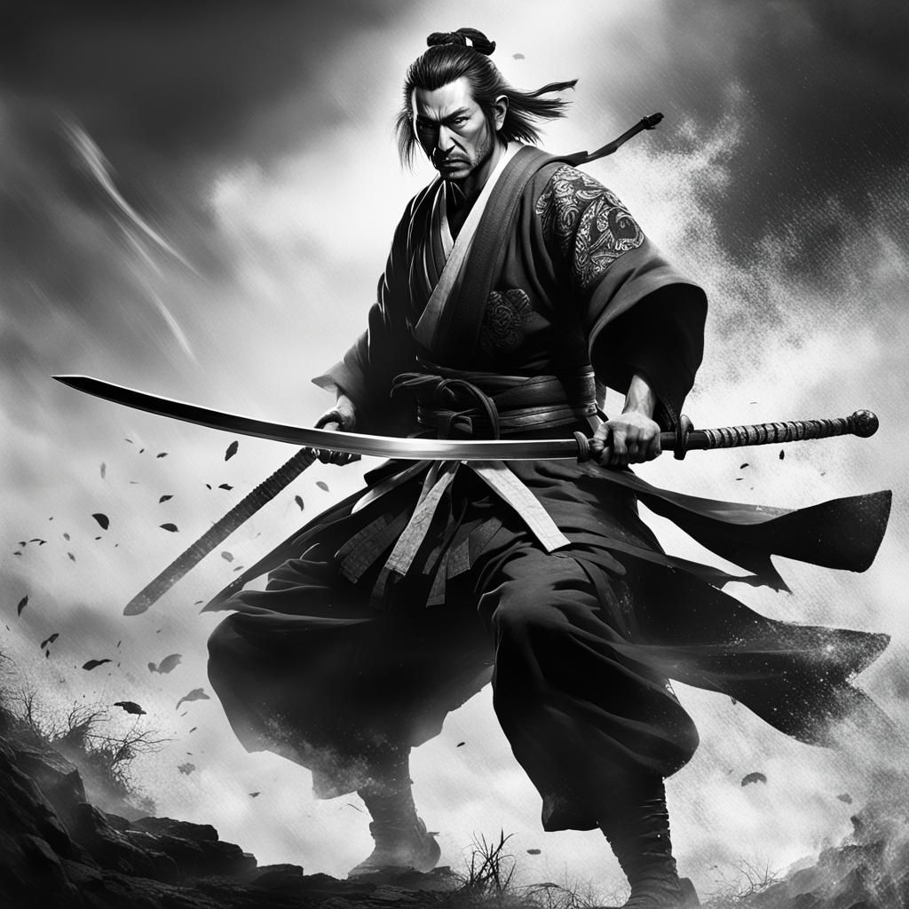 Legendary Samurai Miyamoto Musashi Charges Forward... - AI Art