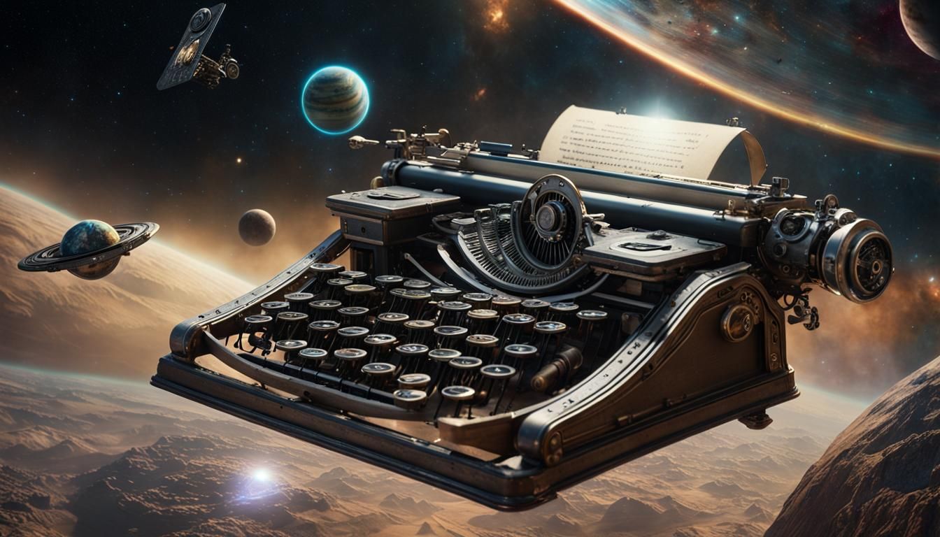 an ancient typewriter flying between planets in space, writing the ...