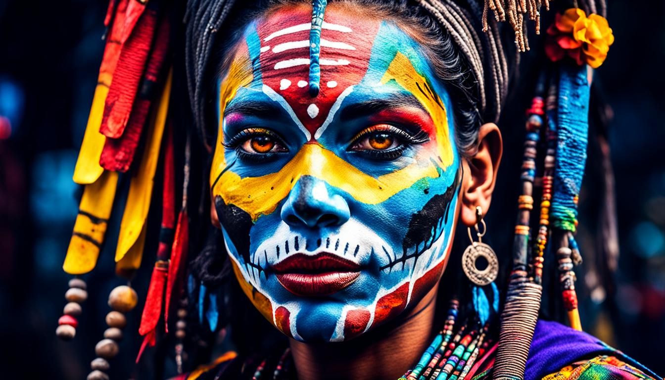 Shot of a beautiful woman with colorful, bright face paint in voodoo ...
