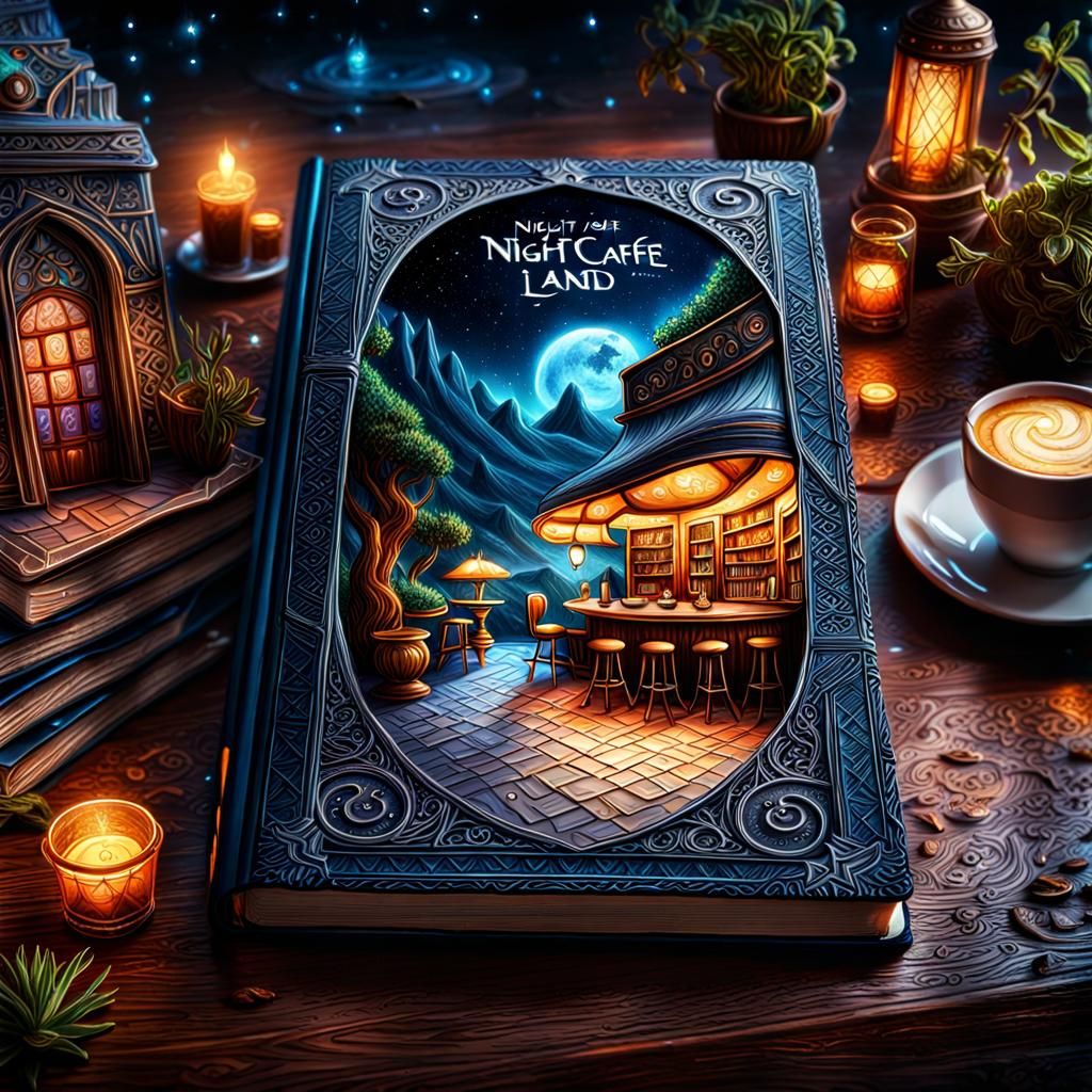 Fantasy Book cover of Night Cafe Land on mockup intricate details,Write ...