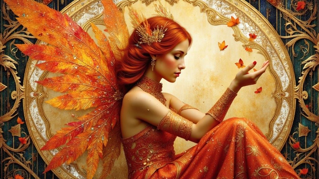Ember Fairy with Gold Leaf Motifs in Mixed Media - AI Art