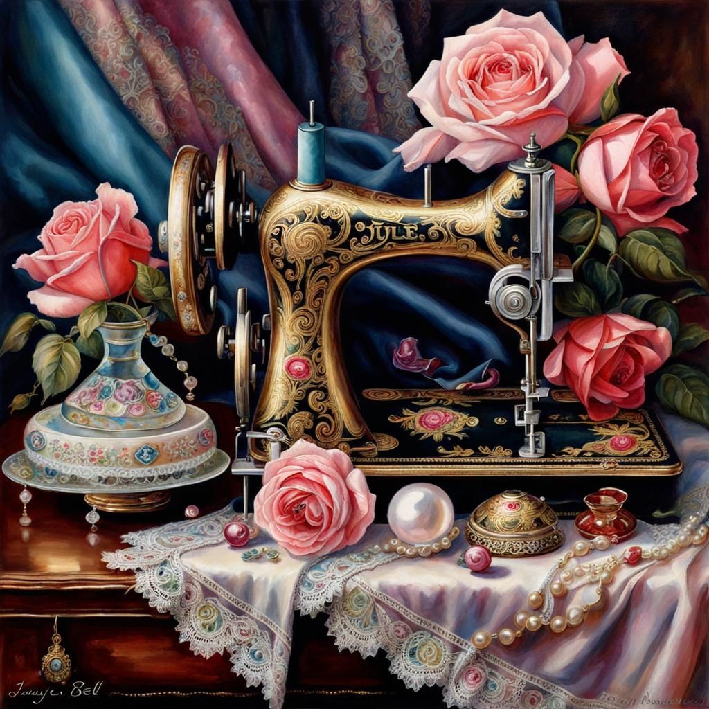 Beautiful Still Life of Vintage Technology Sewing Machine and Roses ...