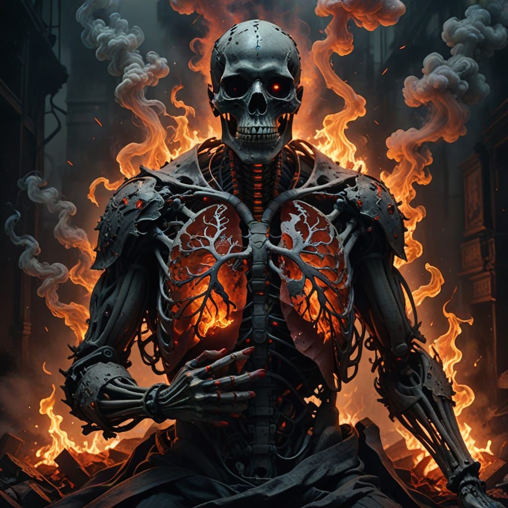 Dark Fantasy Lungs Scene with Cigarette and Skelet... - AI Art