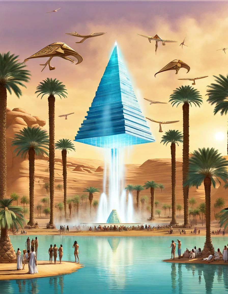 giant flying fantasy pyramid water fountain in desert Oasis hovering ...