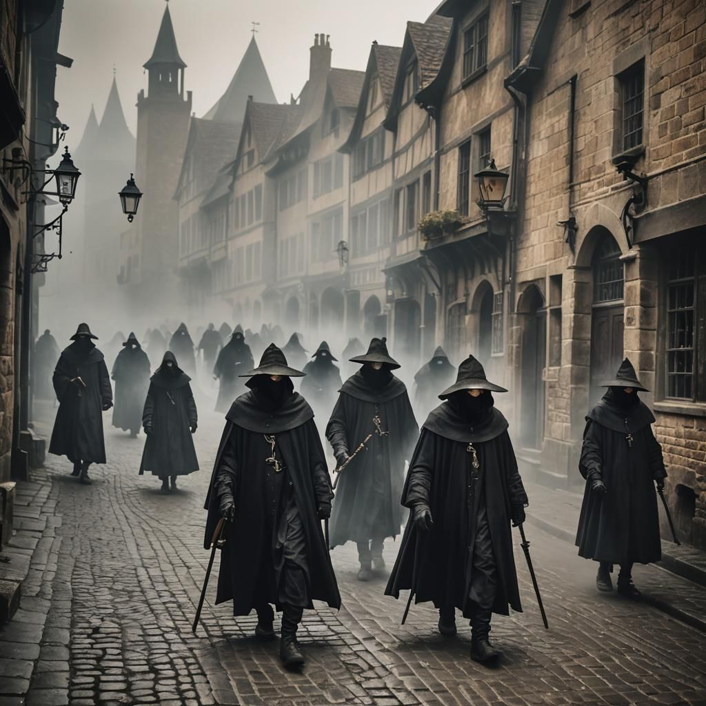 Eerie scenes of plague doctors walking through foggy medieval streets ...