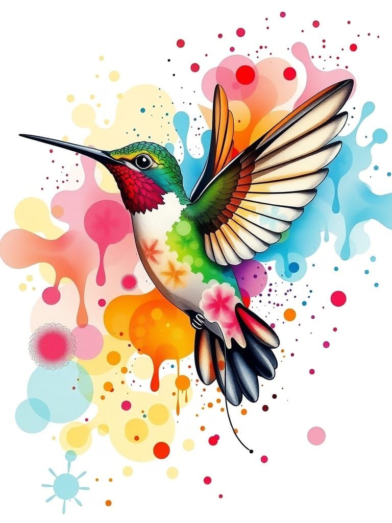 Vibrant Hummingbird Fractal Artwork in Watercolor ... - AI Art
