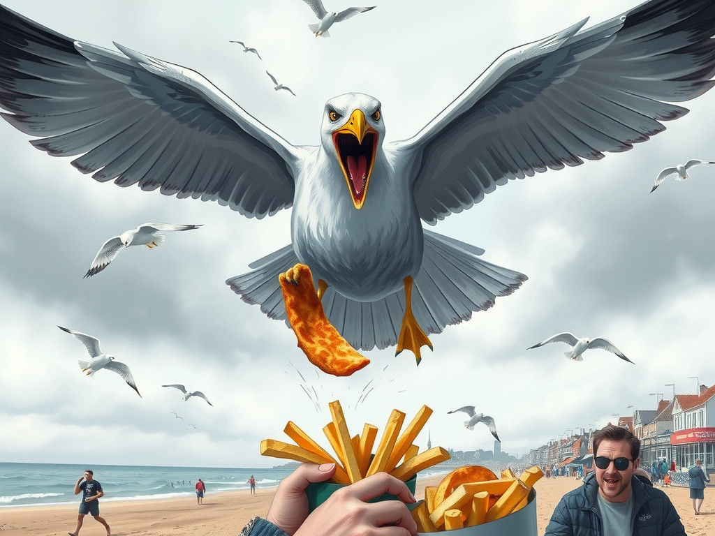 A huge seagull swooping down stealing someones fish and chips.