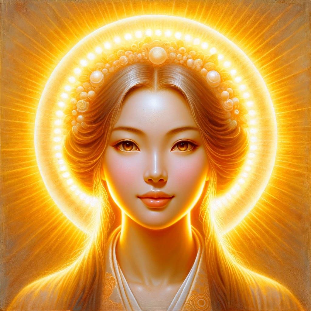 An oil painting of Amaterasu, the Shinto goddess of the sun, in which ...