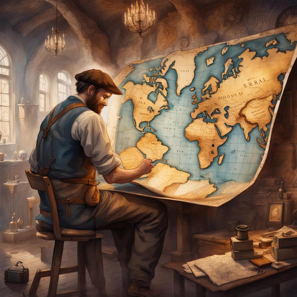 Watercolor of a Cartographer working on a vintage world map - AI ...