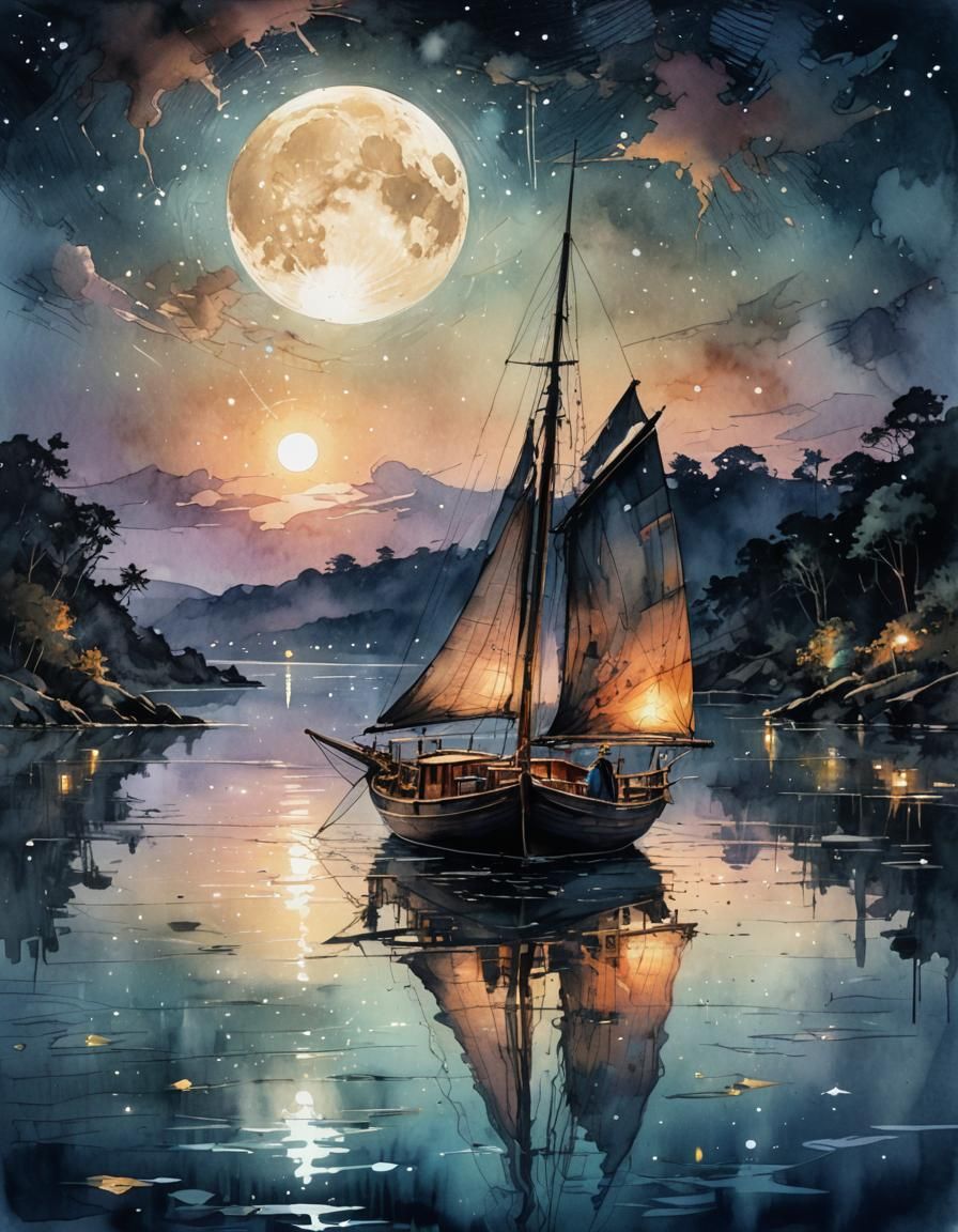 Beautiful boat on sparkling moonlit waters. Nighttime Digital ...