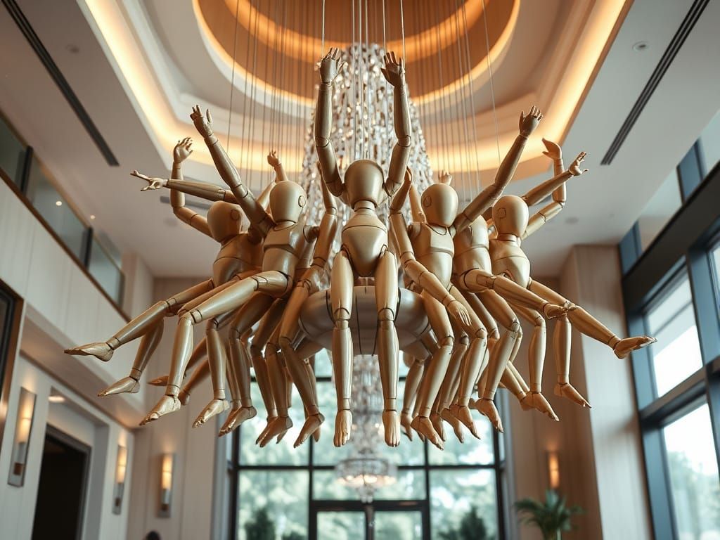 Dolls in Freefall: Surreal Wooden Sculpture in Lux... - AI Art